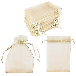 100 Pack 5x7 Inch Mini Sheer Drawstring Organza Transparent Bags Jewelry Sack Pouches for Wedding, Party Decorations, Arts & Crafts Gifts (Ivory)