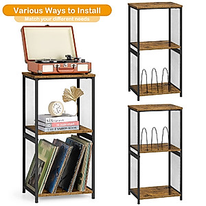 ETELI Tall Side Table 3 Tier Record Player Stand Table with Vinyl Storage Small Industrial Side Table Vinyl Record Stand Turntable Stand Hold Up to 170 Albums for Living Room Bedroom Office