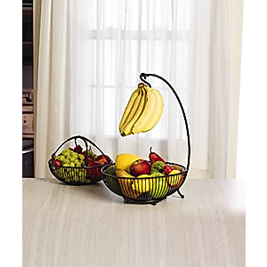 Gourmet Basics by Mikasa Spindle Adjustable 2-Tier Basket with Banana Hook, Black with Gold Antiquing