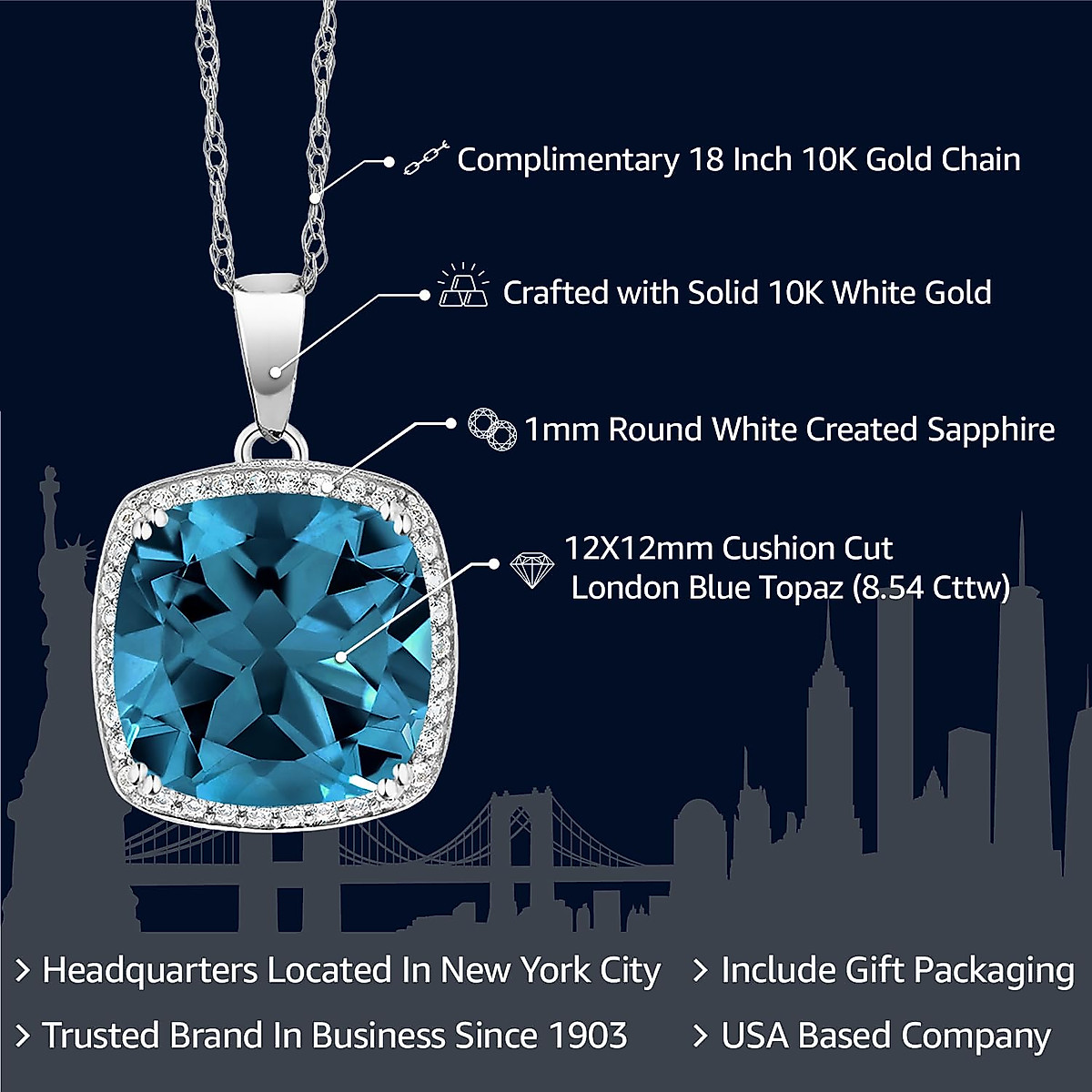 Gem Stone King 10K White Gold London Blue Topaz & White Created Sapphire Pendant Necklace For Women (8.54 Cttw, Gemstone Birthstone, Cushion Cut 12MM, with 18 Inch Chain)