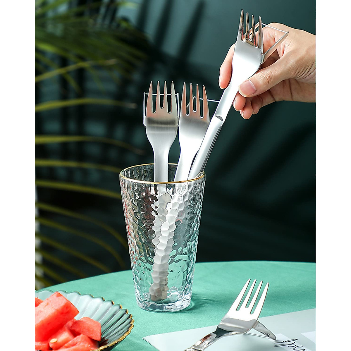 2 PCS Watermelon Slicer Cutter, 2-in-1 Watermelon Fork Slicer, Stainless Steel Cutting Fork Artifact, Fruit Watermelon Carving and Cutting for Home Party (2)