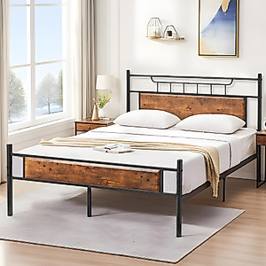 VECELO Queen Size Platform Bed Frame with Wood Headboard/Premium Steel Slats Support/No Box Spring Needed,Brown(Crown)