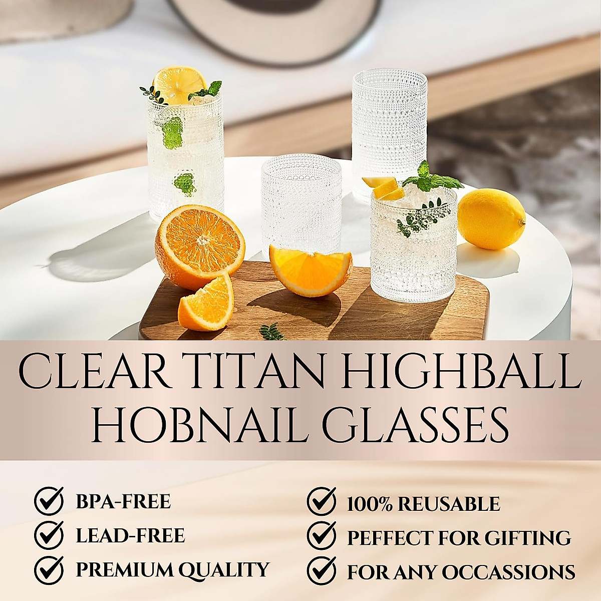 Classic Reusable Plastic Drinking Glasses, Hobnail Design, Shatterproof | 6 Set | Clear Tritan Highball, Acrylic Unbreakable Beaded Cups, Dishwasher Safe 13oz, Kitchen Cups, BPA-free, Indoor, Outdoor