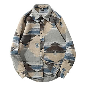 FindThy Men’s Brushed Flannel Shirts Ethnic Aztec Print Button Up Lapel Tribal Shirt Jacket Shacket(0682-Grey-L-LB)