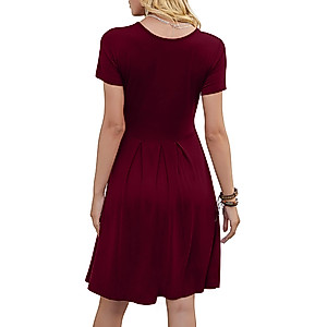 DouBCQ Women's Casual Short Sleeve Flowy Pleated Loose Dresses with Pockets (0-Wine Red, L)