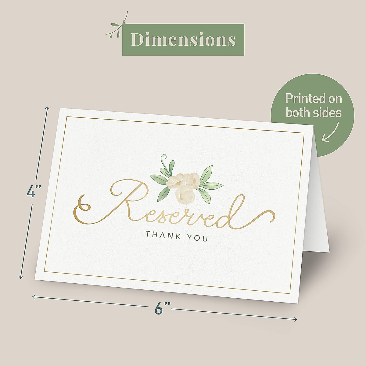 Rileys & Co 25 Pack White and Gold Reserved Table Signs for Wedding Receptions, Parties, and Events, Double Sided Golden Foil Print and Elegant Floral Design, 4x6 Inches