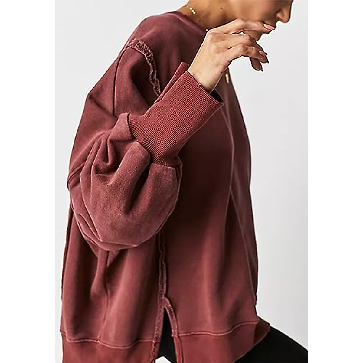 Trendy Women Long Lantern Sleeve High Low Split Hem Workout Shirt Crew Neck Pullover Top Oversized Notched Sweatshirt