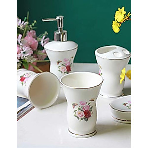 JruF Round Pink and White Set of 5 Bathroom Accessories Set-Pink Flowers Porcelain Pattern Modern Dressing Accessories Set Including Tumbler, Toothbrush Holder and Lotion Bottle, Soap Dish