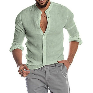 Men Linen Button Up Dress Shirt Long Sleeve Casual Cotton Beach T Shirts Stand Collar Solid Color Summer Yoga Tops (Light Green,X-Large)