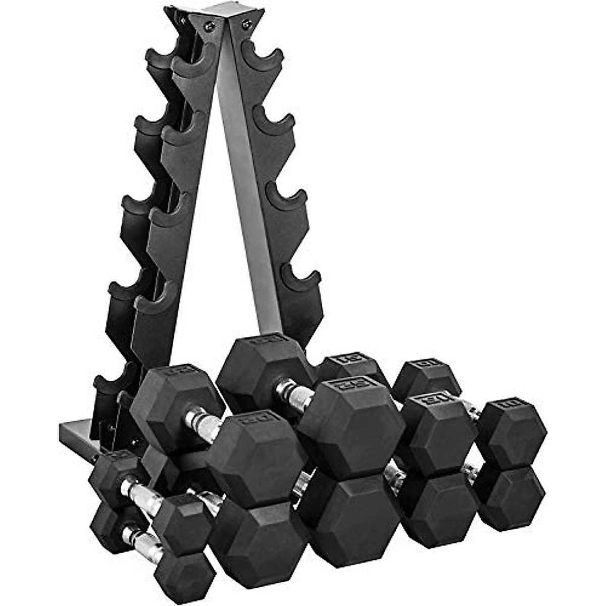 WF Athletic Supply 5-25Lb Rubber Coated Hex Dumbbell Set with A Frame Storage Rack Non-Slip Hex Shape for Muscle Toning, Strength Building & Weight Loss, Charcoal Rack