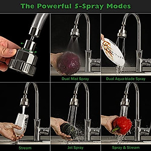 Faucet Sprayer Attachment, Big Angle Swivel Kitchen Faucet Aerator,Sink Faucet Head Replacement, 5 Spray Models, 55/64-27UNS Famale Thread, Male Thread Adapter included, Brushed Nickel