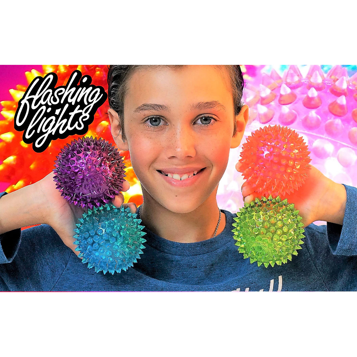 JA-RU Light Up Ball (4 Balls) Rubber Spiky Balls for Kids. Stress Relief Toy Autism Sensory Products. Dog Chew Toy Bulk Birthday Party Favors, Goodie Bag Stuffers. 699-4s