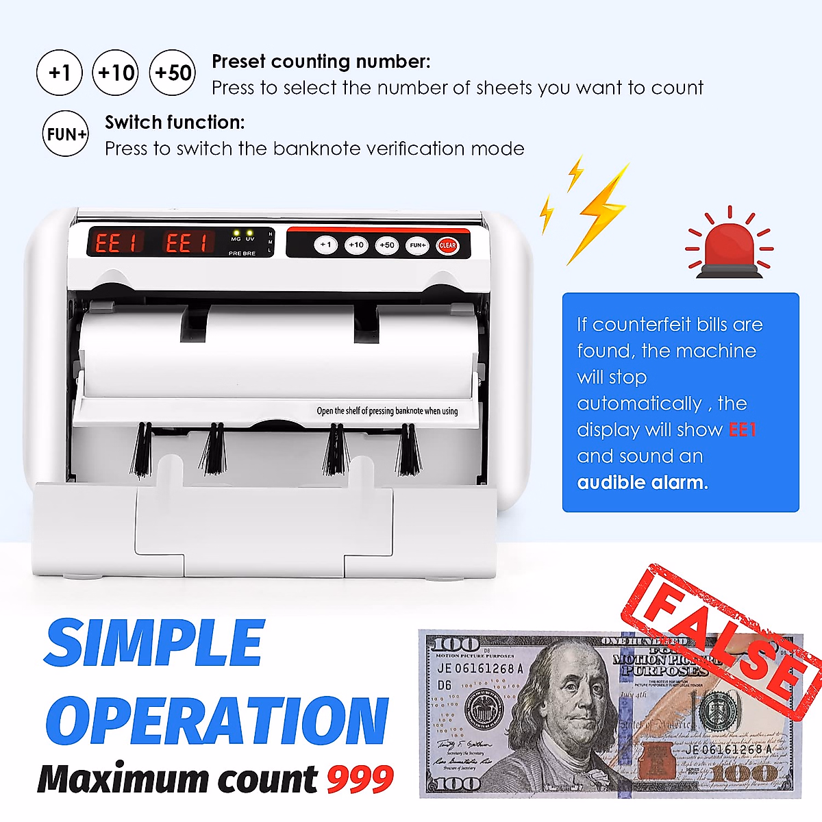 Frifreego Battery Operated Bill Counter Machine, Portable Rechargeable Money Counter with UV MG Detection, 800pcs/min Counting Speed, Take Anywhere with A Backpack for Multi-Currency Or Tickets