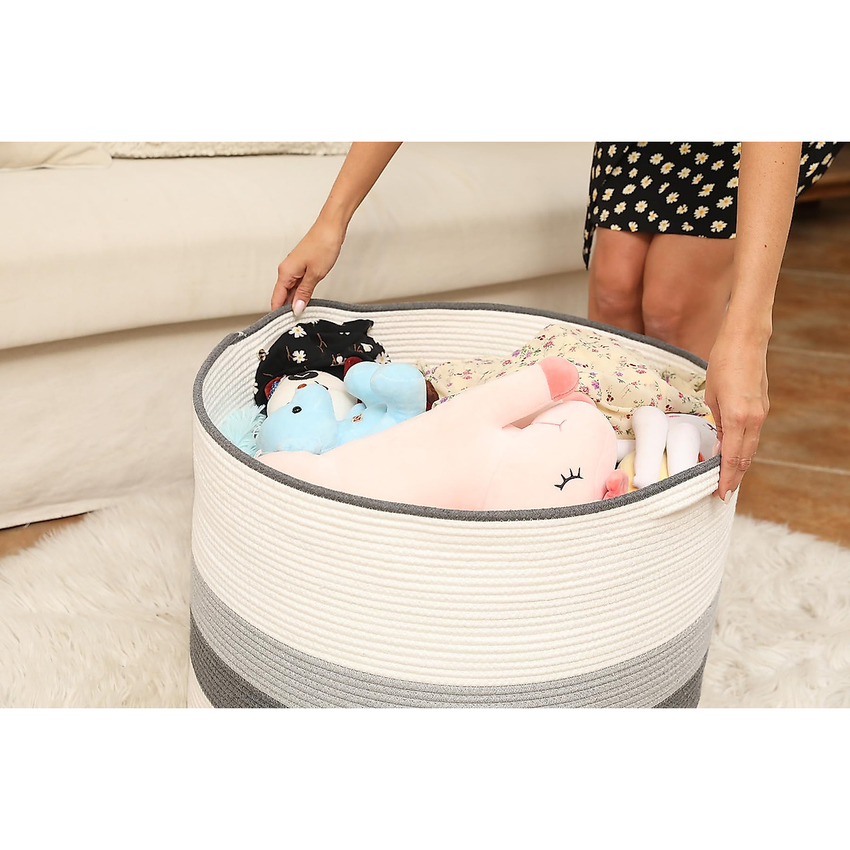 24" x 24" x 17" Max Size Large Cotton Rope Basket, Extra Large Storage Basket, Woven Laundry Hamper, Cloth Storage Bin, for Blankets Clothes Towels Pillows in Living Room, Double Graded Grey