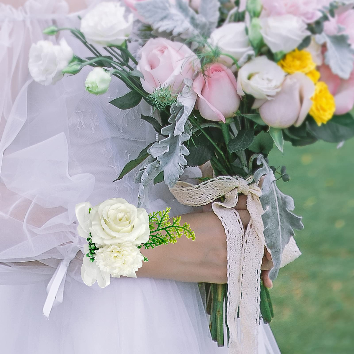 Zalaxt 6 pcs Artificial Flowers Bridesmaid Wrist Corsage Bracelet Set, Corsage Wristlet for Wedding Party Prom Decoration