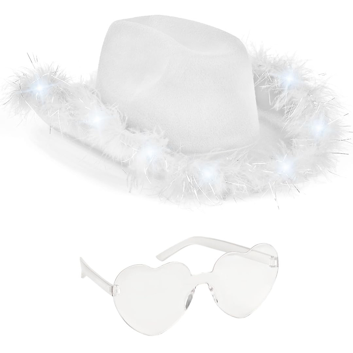 Funcredible White Cowboy Hat and Glasses - Light Up Cowgirl Hat for Girls - Cowboy Hat with Feathers - Taylor Costume - Halloween Hats for Women