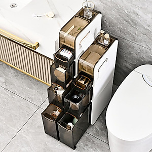 2-Tiers Slim Bathroom Storage Cabinet Narrow Bathroom Floor Storage Cabinet Plastic Drawers Organizer with Tissue Box and Wheels for Small Spaces, Kitchen, Laundry,Living Room Toilet Gap