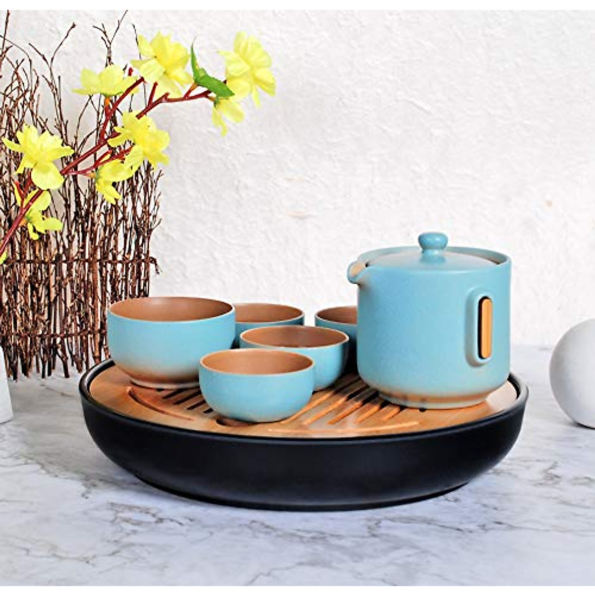 Hinomaru Collection Oriental Kung Fu Table Service Round Serving Tea Tray Bamboo Drip Pan Melamine Base Reservoir Tea Ceremony Accessories (Black)