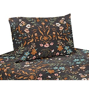 Sweet Jojo Designs Boho Wildflower Vintage Floral Girl Queen Sheet Set Flat Fitted Bed Sheets Pillow Covers Kids Childrens Adult Bedding 4p Black Orange Teal Bohemian Farmhouse Botanical Cottagecore