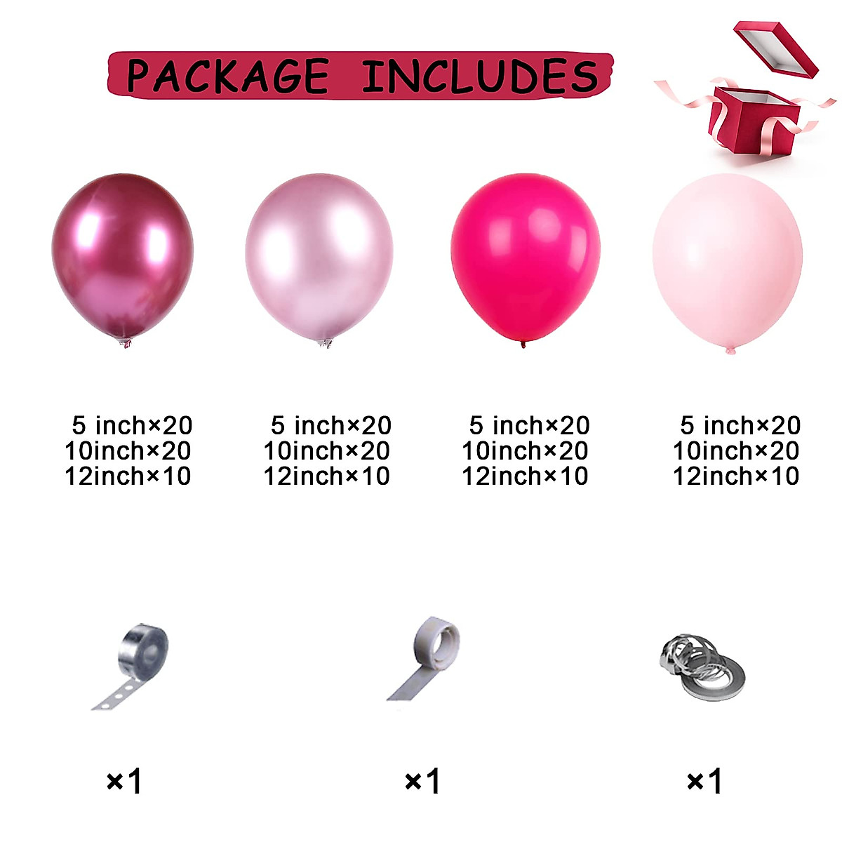 Chamrrille 203PCS Rose Pink Balloon Garland Kit, Metallic Pink & Magenta & Pastel Pink & Hot Pink Balloons for Wedding, Princess Theme Birthday, Bridal Shower Decorations