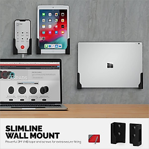 BRAINWAVZ Adhesive Laptop & Tablet Wall Mount Holder for MacBook, Surface, Notebooks, iPad, Galaxy Tab Note, eBooks, Kindle & More, Stick On Or Screw-in (Black)