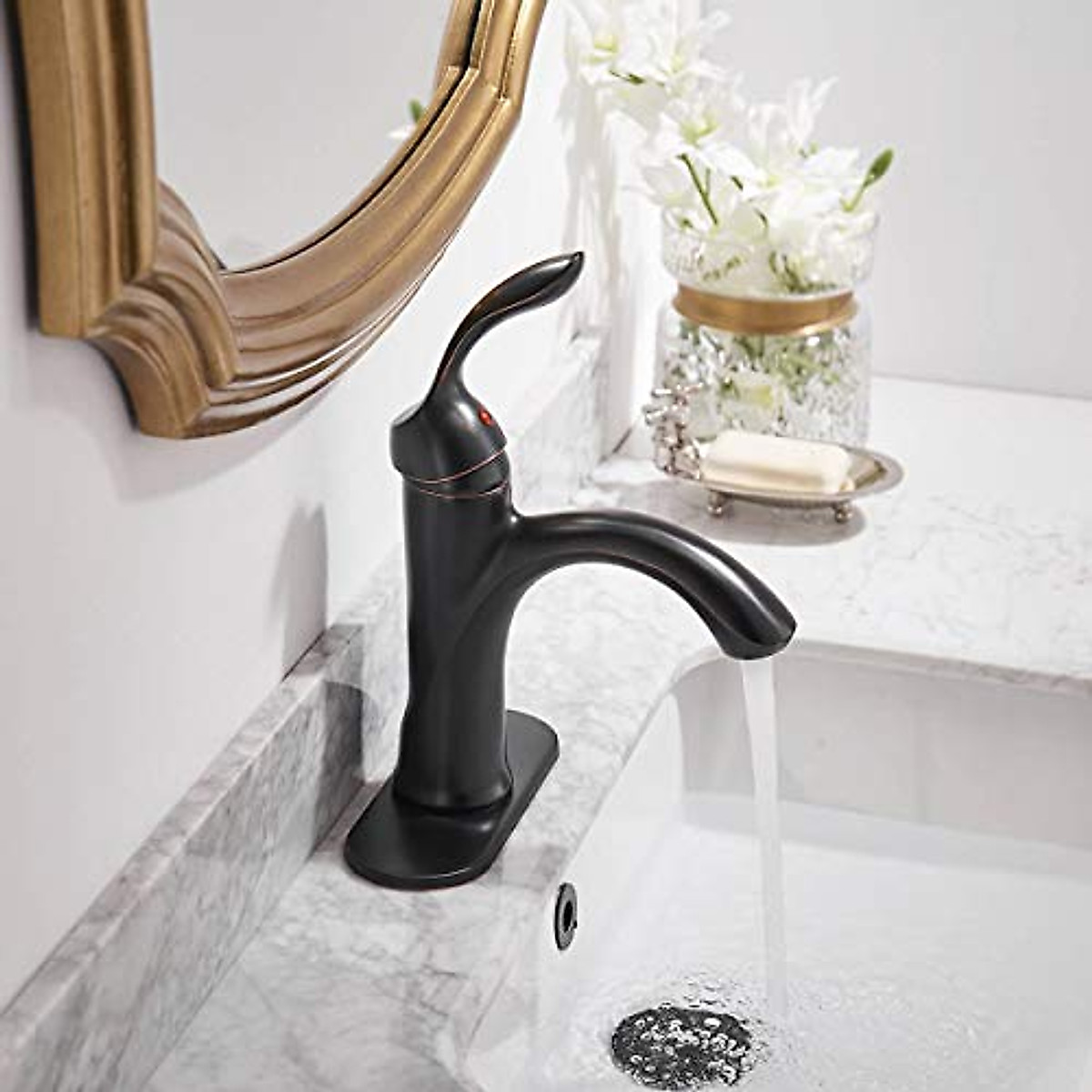 Homevacious Bathroom Sink Faucet Single Handle Oil Rubbed Bronze Bath Stream Lavatory Vanity One Hole Lever Basin Mixer Tap Deck Mount Low-Arc Long Spout Commercial Supply Hose Lead-Free