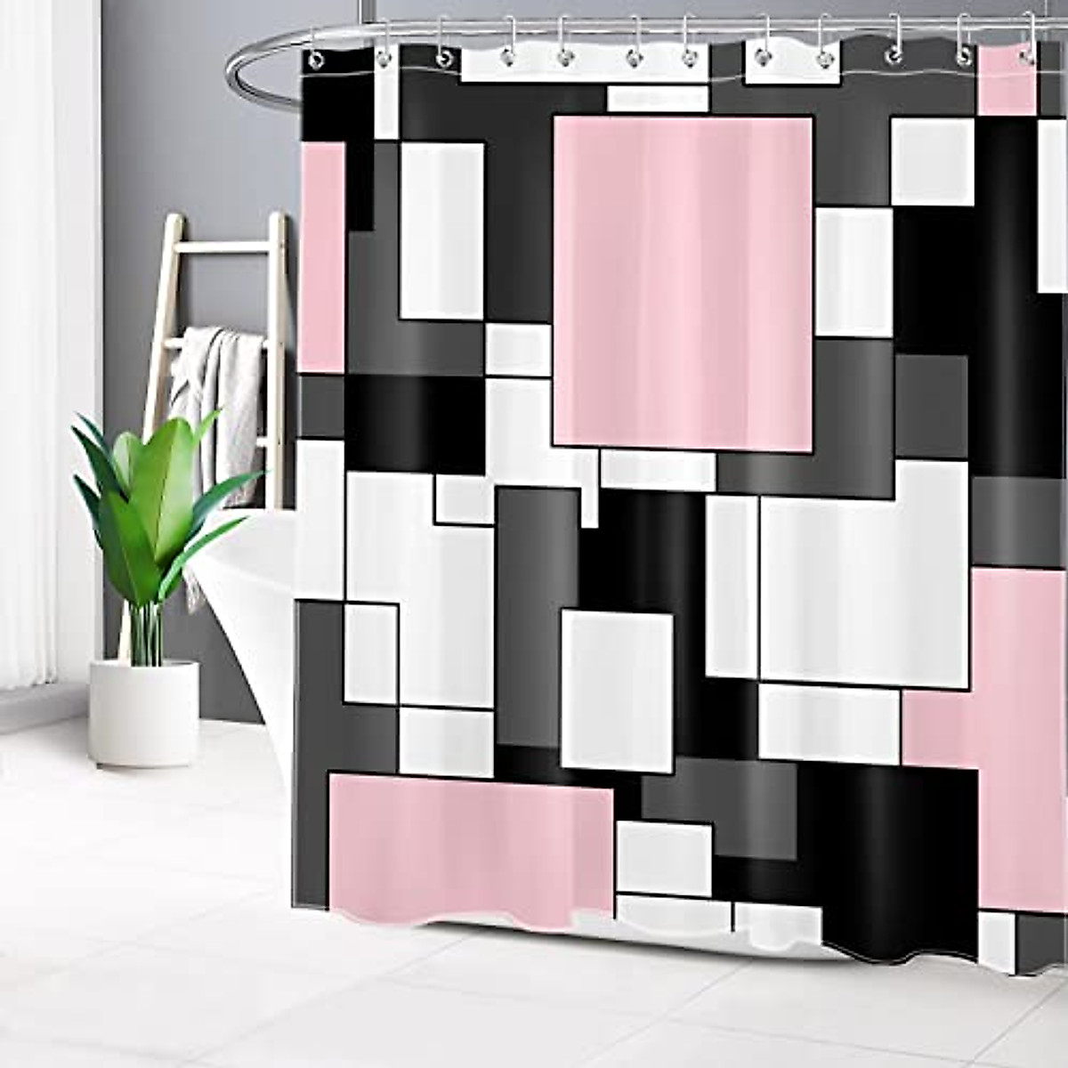 Modern Pink Shower Curtain for Bathroom, Grey Black and White Abstract Mid Century Minimalist Geometric Shower Curtains 72X72 inch Polyester Fabric Bathroom Decoration Bath Curtains Hooks Included