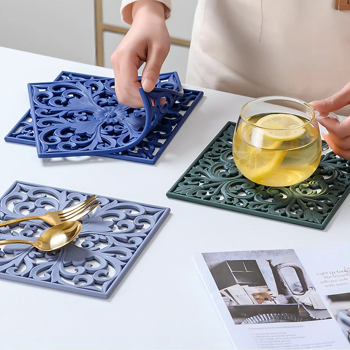 Viwehots Silicone Trivets Mats for Hot Pots and Pans, Square Non Slip Mat for Table Multi-Use Carved Hot Pads and Mats, Flexible Modern Pad Heat Resistant Big Teapot Coaster Set of 3 Blue