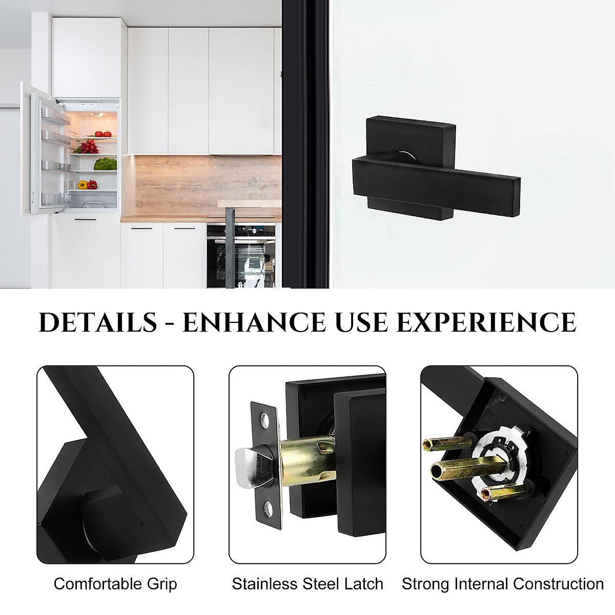 Betollo 3 Pack Black Interior Door Handles, Passage Door Handle Non-Locking for Hallway & Closet, Reversible Handles Set for Left & Right Door