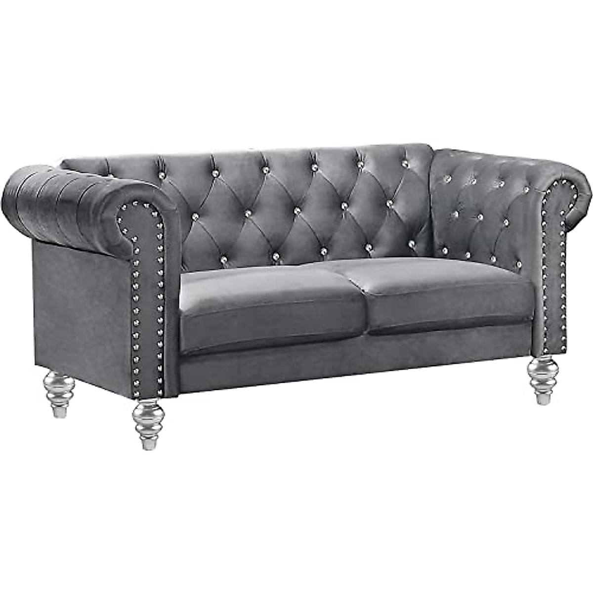 New Classic Furniture Glam Emma Velvet Two Seater Chesterfield Style Loveseat for Small Spaces with Crystal Button Tufts, Gray