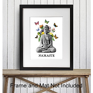 Namaste Buddhism Buddha Statue Wall Art Print - 8x10 Photo, Home Decor, Meditation Room, Spa or Yoga Studio Decoration - Boho Zen New Age Gift - Unframed Butterfly Poster Picture