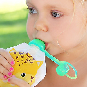 ChooMee SoftSip Food Pouch Top | Baby Led Weaning | No Spill Flow Control Valve, Protects Childs Mouth, 100% Silicone, BPA Free | 2CT Yellow Pink Swirl