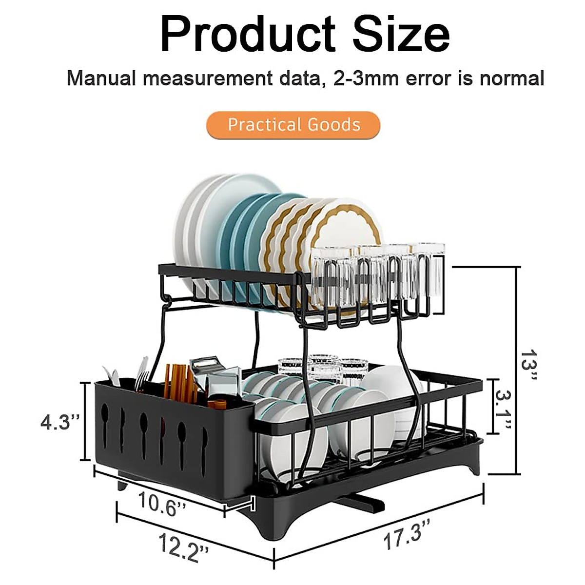 ZhenGuiRu Dish Drying Rack, 2-Tier Black Dish Racks for Kitchen Counter, Detachable Large Capacity Dish Drainer Organizer with Utensil Holder, Dish Drying Rack with Drain Board