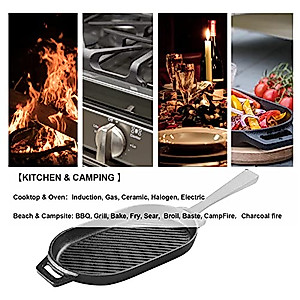 Cast Iron Grill Plate Oval,Cast Iron Cookware with Removable Handle,Cast Iron Steak Plate Sizzle Griddle,Pre-Seasoned Cast Iron Oven Grilling Pan