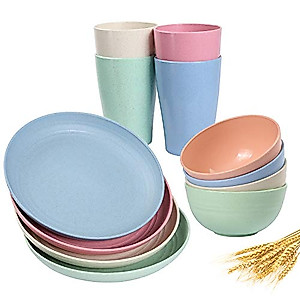 Kids Wheat Straw Dinnerware Sets, Microwave Safe Wheat Straw Plates and Bowls Sets 12pcs Unbreakable Dishwasher Eco Friendly Colourful