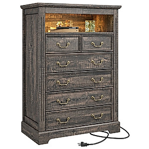 EnHomee Farmhouse 6 Drawer Dresser for Bedroom LED Light & Power Outlets, 48" H Solid Wood Dressers & Chests of Drawers with Natural Texture, Tall Dressers for Bedroom, Hallway (Dark Rustic Oak)