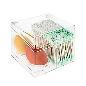Linkidea Clear Qtip Holder with Lid and Detachable Beauty Egg Tray, 3 Compartment Cotton Pad Container for Cotton Swabs, Make-Up Pads, Cosmetics