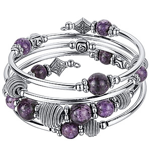 PEARL&CLUB Beaded Chakra Bangle Turquoise Bracelet - Fashion Jewelry Wrap Bracelet with Thick Silver Metal and Mala Beads, Birthday Gifts For Women(Purple)