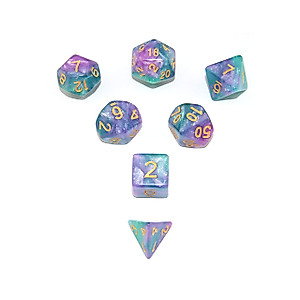 SmartDealsPro 7-Die Glitter Polyhedral Dice Set with Pouches for DND RPG MTG Dungeon and Dragons Table Board Roll Playing Games D4 D8 D10 D12 D20 (Blue-Purple)