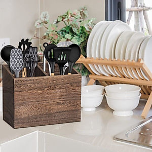 Wooden Kitchen Utensil Caddy With 2 Compartments, Rustic Kitchen Utensil Holder for Kitchen Countertop, Wood Utensil Crock Organizer Box for Farmhouse Kitchen Decor