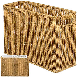 STOBAZA Woven Basket with Handles Magazine Book Storage Basket Bin for Home Office, Handwoven Narrow Basket for Books, Newspaper, File and Mail - 38.00X26.00X15.00CM