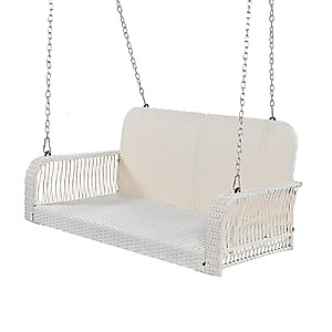 XD Designs Modern PE Wicker Porch Swing, 2-Seater Hanging Bench, 2 Person Front Hanging Porch Swing Bench with Chains, Cushion, Pillow for Backyard Garden Poolside, Max 500 Lb (White-FM)