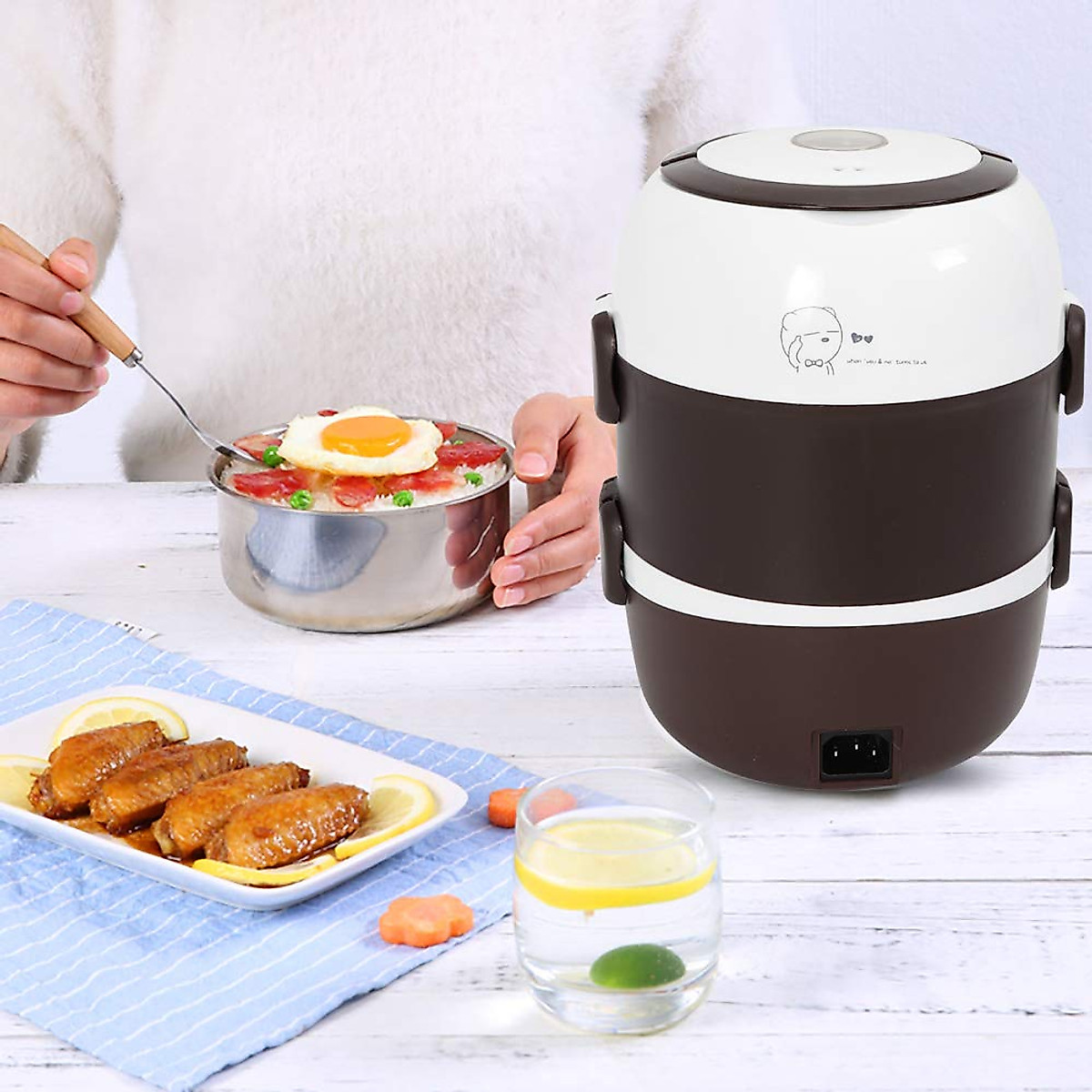 Food Steamer 3 Layers Portable Micro Electric Lunch Box Food Heated Warmer Steamer Rice Cooker Pot Style Rice Cooker (2L)