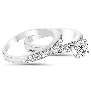 P3 POMPEII3 1 Carat Diamond Engagement Ring Matching Wedding Band Prong Set 14K White Gold - Size 6.5
