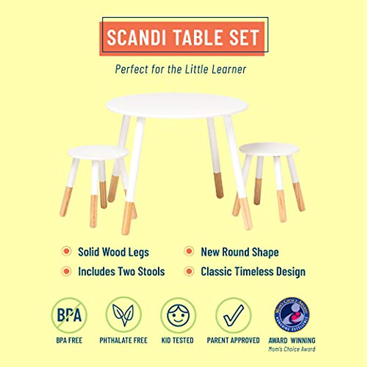 Wildkin Kids Scandi Table and Chairs for Toddlers Boys and Girls, Table Set for Kids Includes Two Matching Stools, Features Solid Wood Legs, Ideal for Homes, Daycares, and Classrooms (White/Natural)