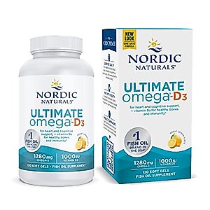 Nordic Naturals Ultimate Omega-D3, Lemon Flavor - 120 Soft Gels - 1280 mg Omega-3 + 1000 IU Vitamin D3 - Omega-3 Fish Oil - EPA & DHA - Promotes Brain, Heart, Joint, & Immune Health - 60 Servings