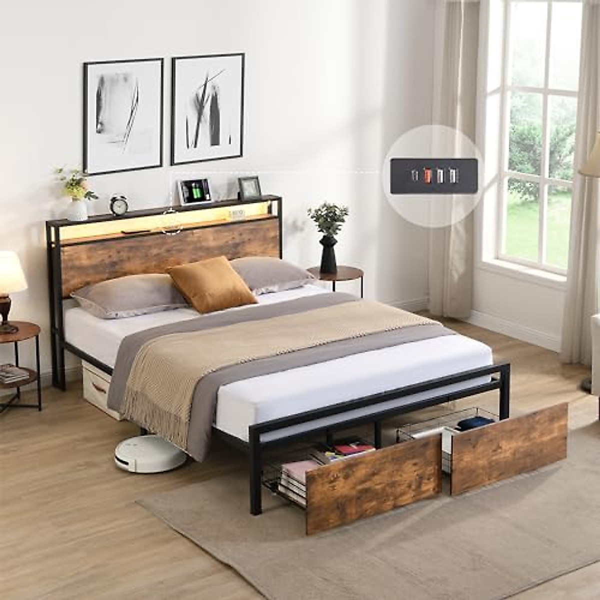 SAMTRA Bed Frame with Headboard & 2 Storage Drawers, Wooden Headboard with Led Lights and Charging Station Shelf, Metal Platform & Slat Bedframe, Easy Assembly (Brown Simple (with 2 Drawers), Queen)