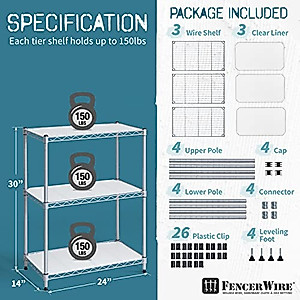 Fencer Wire NSF Adjustable Height Wire Shelving w/Liner, Basement Storage Shelving, Metal Steel Storage Shelves, Kitchen, Garage Shelving Storage Organizer, Utility Shelf, 3-Tier W/Liners, Silver