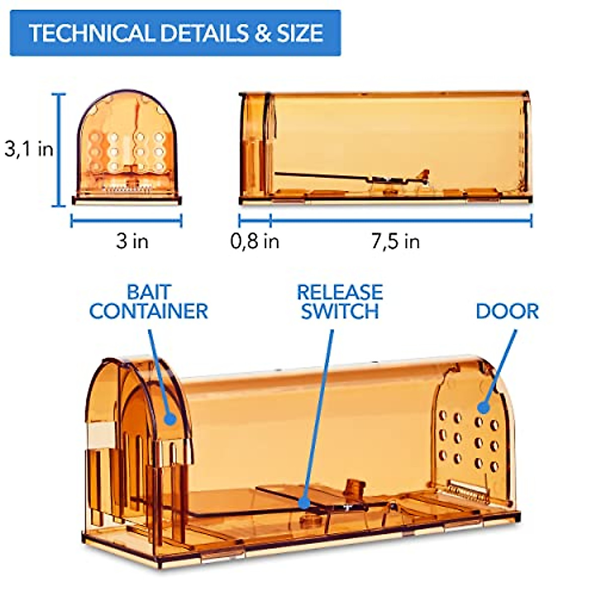 PATTLER® - 2 PCS Humane Mouse Trap for Indoor and Outdoor Home - Mechanical Reusable Rat Trap That Still Alive for Catch and Release, Garden, Garage, Attic, Inn, Hotel Use