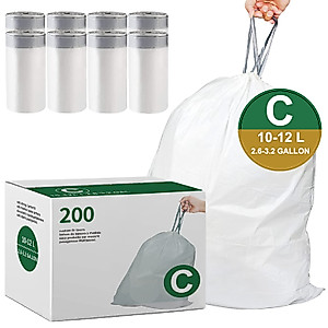 Code C (2.6-3.2 Gallon) 200 Count Drawstring Trash Bags | Heavy Duty White Garbage Can Liners 2.6-3.2 Gallon | Compatible with simpleman Code C White Drawstring Garbage Liners